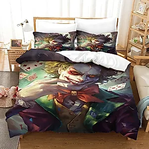 Joker Playing Card 3D Printedmagical Characters Bedding Set Quilt Cover Duvet Cover Comforter Covers with Pillowcases Microfiber 3 Pieces for Childrens And Adults with Zipper Closure Twin（173x218cm）