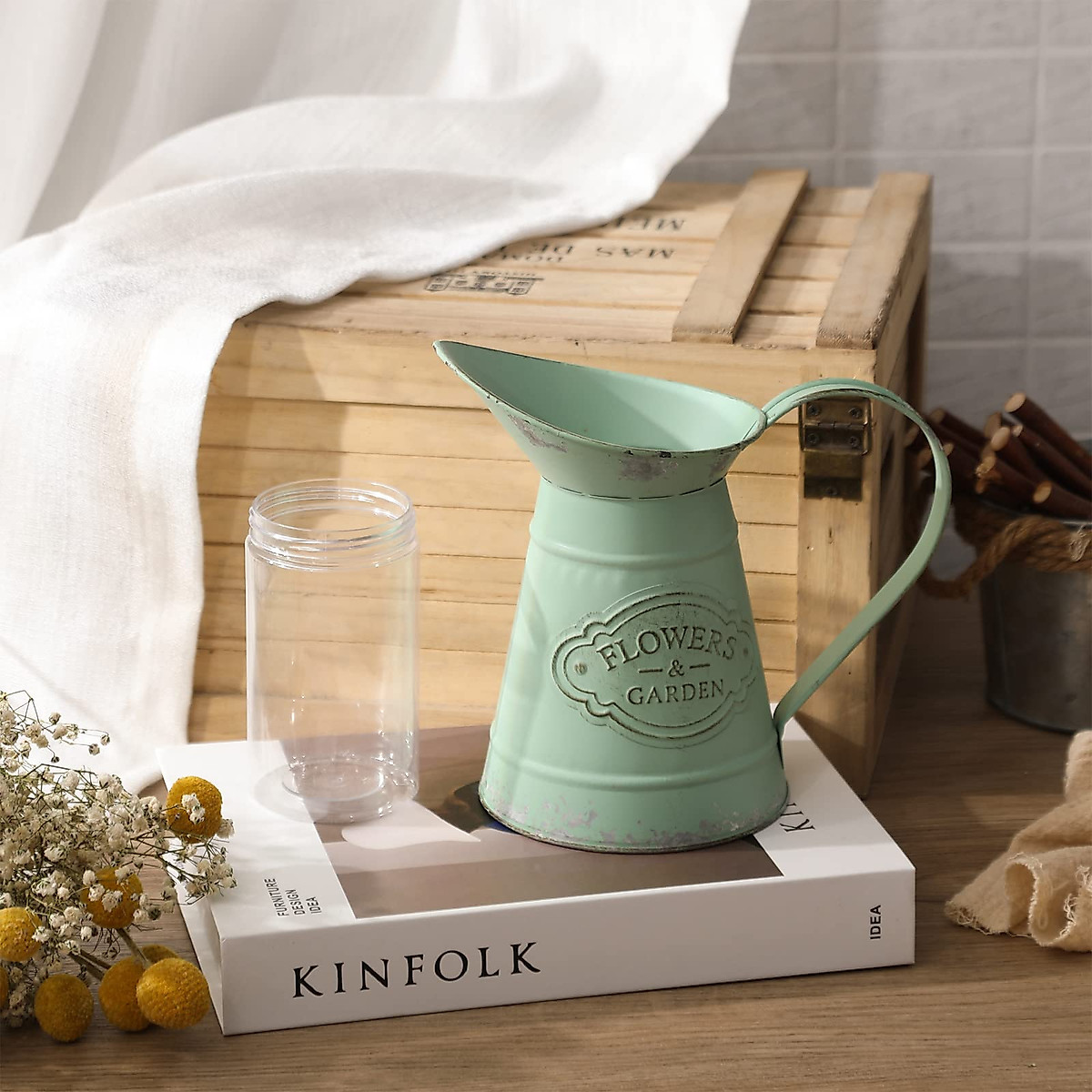 APSOONSELL Shabby Chic Rustic Style Metal Jug Pitcher Flower Vase Watering Can for Home Garden Decoration Large