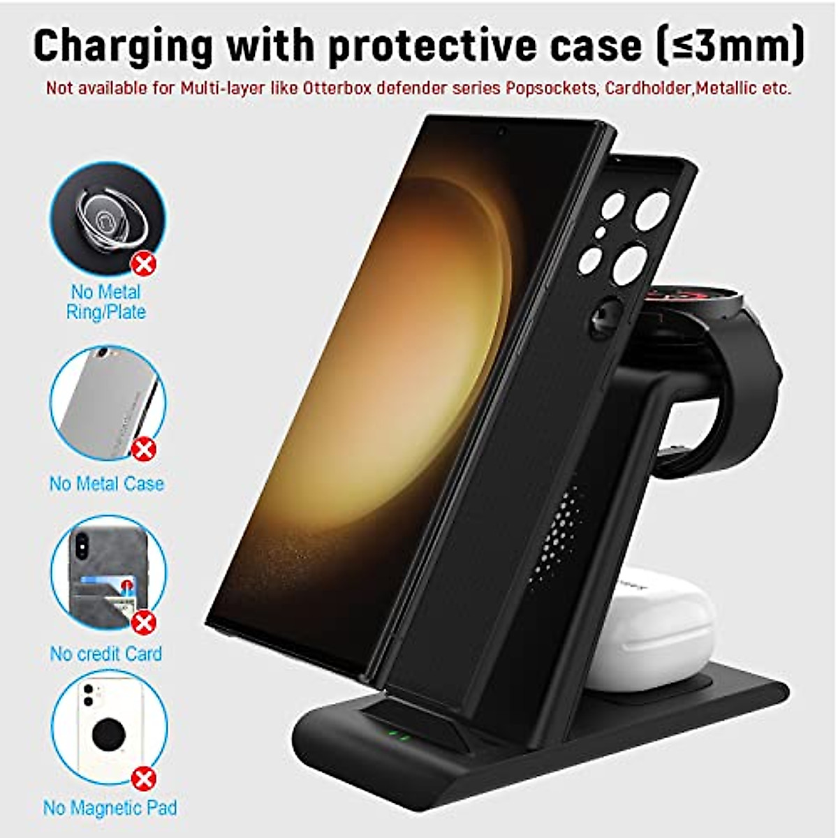 Wireless Charger for Samsung,3 in 1 Charging Station for Magnetic Galaxy Watch 5/5 Pro/4 Active 2/1 Galaxy S23/Ultra/S23+/S22/Note 20/10/Z Flip 4/3 Fold 4/3 Galaxy Buds 2/2 Pro/Live Multiple Devices