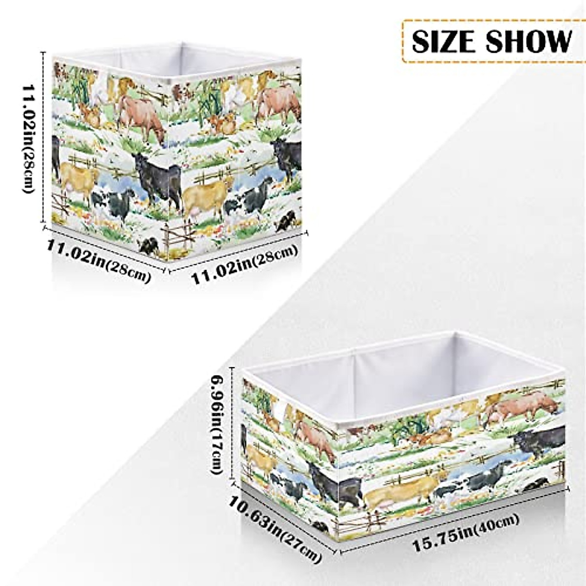 Kigai Farm Animals Watercolor Bow Storage Box, Foldable Storage Bins with Handle, Decorative Closet Organizer Storage Boxes for Home
