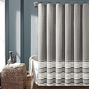 Lush Decor, Gray Nantucket Yarn Dyed Cotton Tassel Fringe Shower Curtain, 72" x 72"