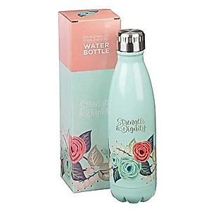 Christian Art Gifts Stainless Steel Double Wall Vacuum Insulated Laser Engraved Water Bottle: Strength & Dignity Inspirational Bible Verse for Hot & Cold Beverages, Mint Green Floral, 17 oz.