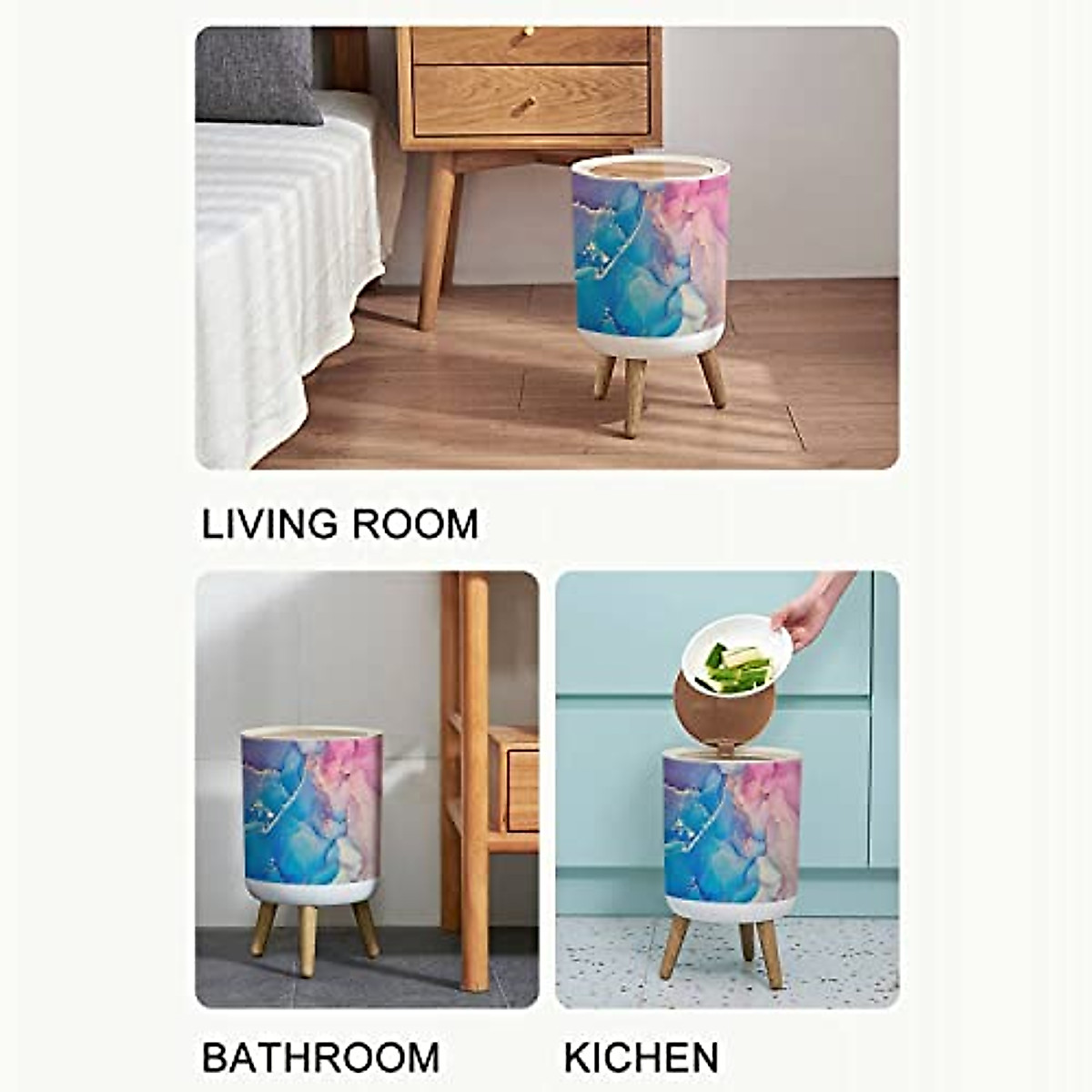 IBPNKFAZ89 Small Trash Can with Lid Ink Colors Translucent Abstract Multicolored Marble Texture Garbage Bin Wood Waste Bin Press Cover Round Wastebasket for Bathroom Bedroom Kitchen 7L/1.8 Gallon