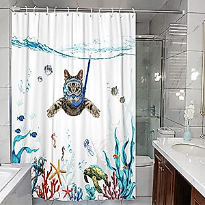 Fowocu Funny Cat Shower Curtain Set Teal Blue Sea Ocean Waterproof Fabric Shower Curtains with Animal Octopus Starfish Turtle Anchor Fish Nautical Bathroom Curtain Decor (Blue, 72''×72'')