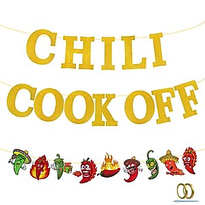 Shiny Chili Cook Off Banner Set - Pre-Assembled Chili Contest Pennants with Chili Pattern Flag and Accessories - Red Hot Chili Cooking Decor Banners - Perfect Chili Cook-Off Party Deco and Chili Decoration Banner Supplies (2 Pcs