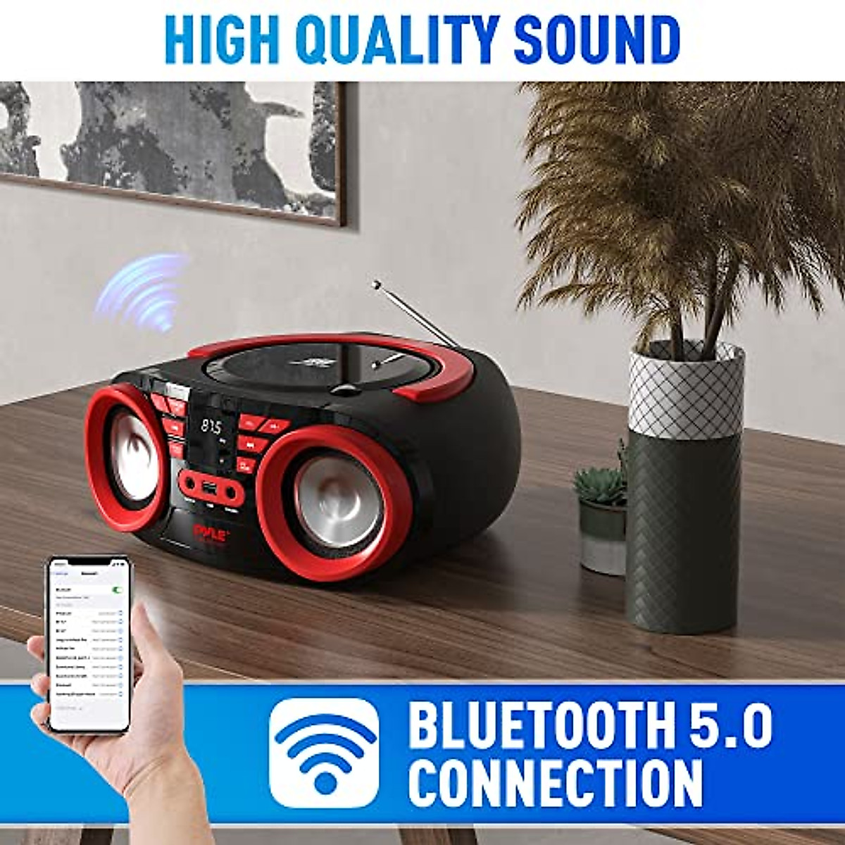 Pyle Portable CD Player Bluetooth Boombox Speaker - AM/FM Stereo Radio & Audio Sound, Supports CD-R-RW/MP3/WMA, USB, AUX, Headphone, LED Display, AC/Battery Powered, Red Black - PHCD22.5
