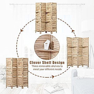 Vicluke 4 Panels Room Divider with 3 Removable Storage Shelves, 5.6 FT Folding Privacy Screen, Wood Portable Wall Divider for Home, Office, Restaurant(Natural)