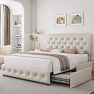 Queen Bed Frame with 4 Storage Drawers and Adjustable Headboard, Upholstered Platform Bed with Button Tufted Design, Strong Wooden Slats Support, No Box Spring Needed, Fabric, Cream