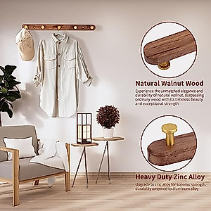 SARIHOSY Wall Mounted Coat Rack, Entryway Hanging Coat Rack, Metal Wood Coat Rail with 5 Rustic Hooks Rail for Coat, Scarf, Bag, Towel, Key, Cap, Hat, Walnut Gold Matt