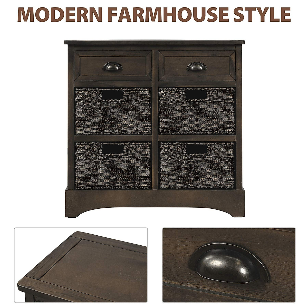 P PURLOVE Storage Cabinet Retro Style Storage Unit with 2 Drawers and 4 Baskets for Home Entryway Living Room (Dark Brown)