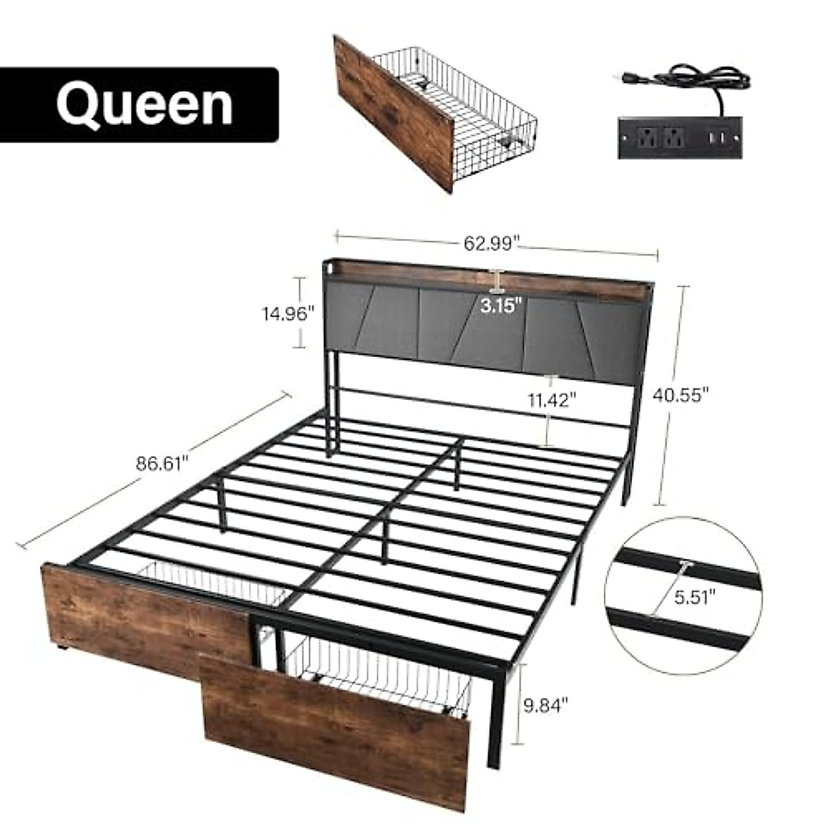 HOMBCK Queen Size Bed Frame with Charging Station, Queen Bed Frame with Storage Headboard, 2 Storage Drawers, Mattress Foundation with Strong Slats Support, No Box Spring Needed