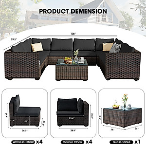 TANGJEAMER 9 Piece Patio Furniture Set All Weather PE Rattan Outdoor Sectional Sofa Couch with No-Slip Cushions and Glass Top Table for Garden, Poolside, Backyard (Black)