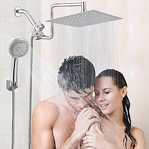 Nuodan Dual Shower Head, 10'' High Pressure Rain Shower Head / 5 Spray Handheld Showerhead Combo with 14'' Adjustable Shower Extension Arm, Hose and Adhesive Shower Holder (Chrome)