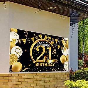 Birthday Party Decoration Extra Large Fabric Black Gold Sign Poster for Anniversary Photo Booth Backdrop Background Banner, Birthday Party Supplies, 72.8 x 43.3 Inch (21st)