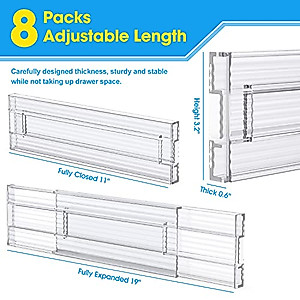 JONYJ Drawer Dividers Organizers 8 Pack, Adjustable Separators 3.2" High Expandable from 11"-19", Clear Plastic Drawer Organizers for Clothing, Kitchen, Bedroom, Closet, Kitchen Storage