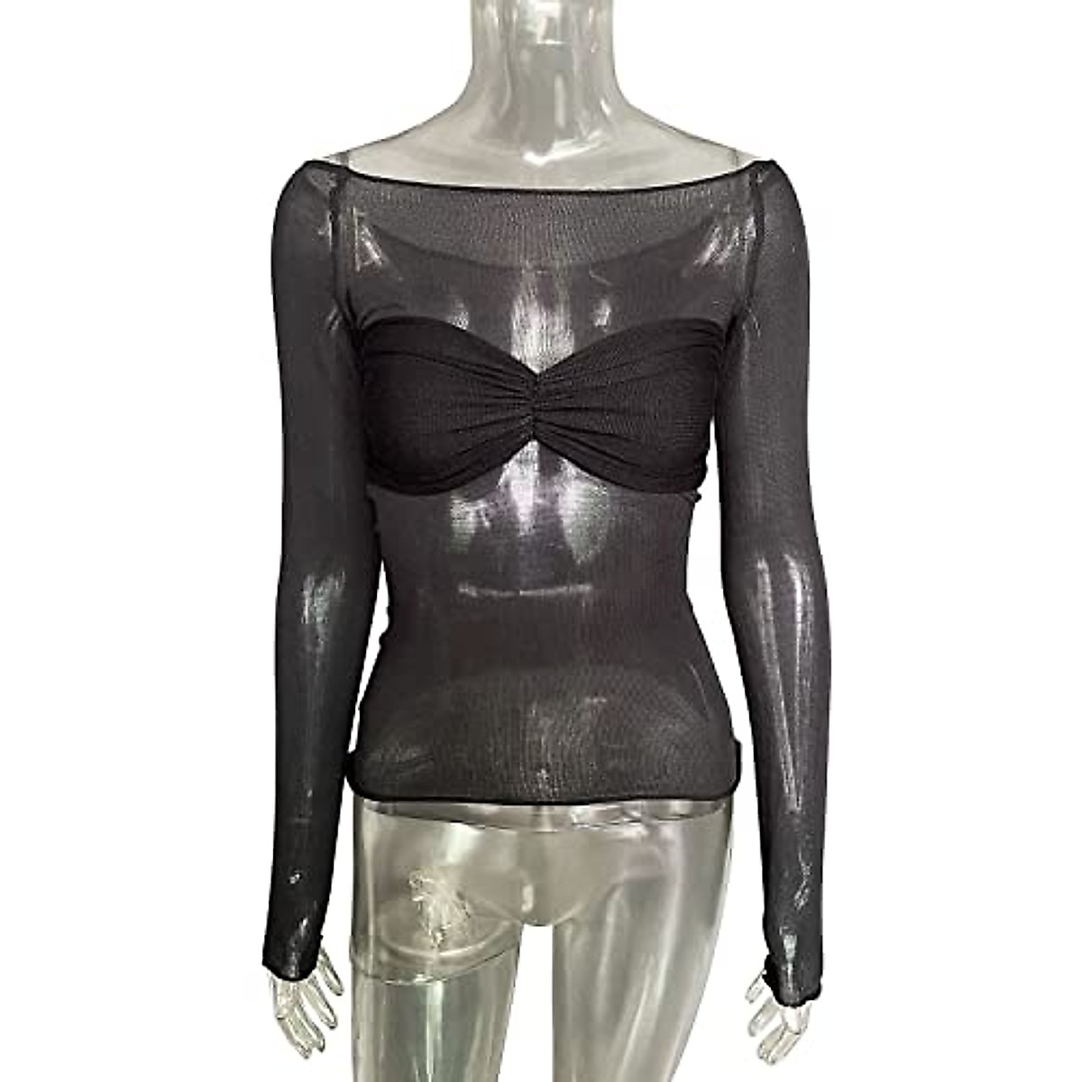 Women's Sexy Crop Top Long Sleeve Off Shoulder Going Out Tops Slim Fit Mesh Ruched Twisted Blouse Y2K T Shirt