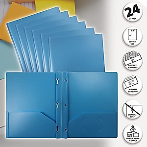 Better Office Products Light Blue Plastic 2 Pocket Folders with Prongs, 24 Pack, Heavyweight, Letter Size Poly Folders with 3 Metal Prongs Fastener Clips, Light Blue
