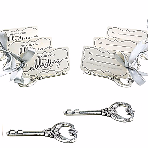 Aokbean 50pcs Skeleton Key Bottle Opener Place Card Holder for Weddings Table Name Cards for Guests Souvenirs with French Ribbon (Antique Silver)