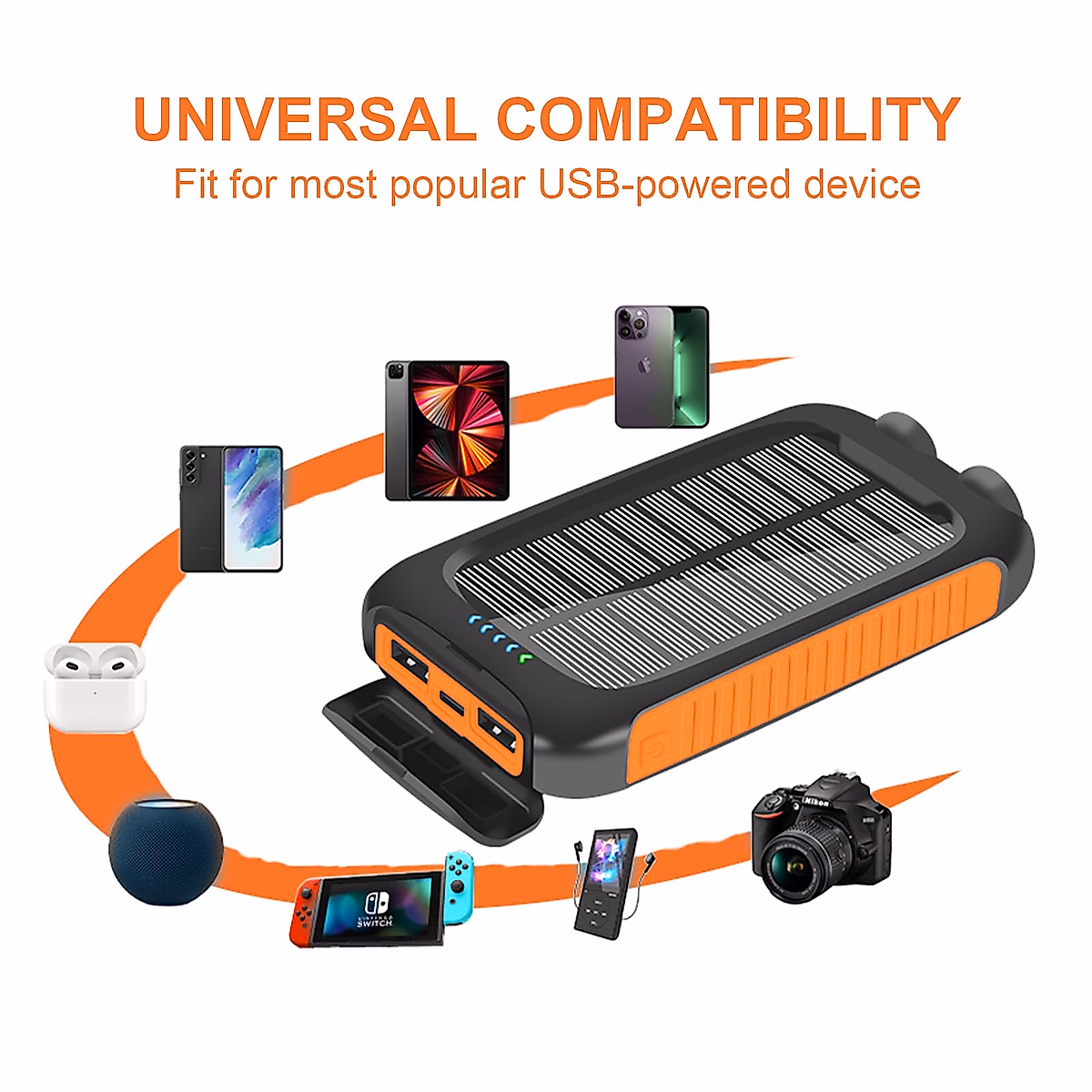 Luvknit Power-Bank-Solar-Charger - 10000mAh Power Bank, Portable Charger, External Battery Pack 5V/3A Type C Input Output Dual Built-in Super Bright Flashlight, Carabiner, Solar Panel Charging