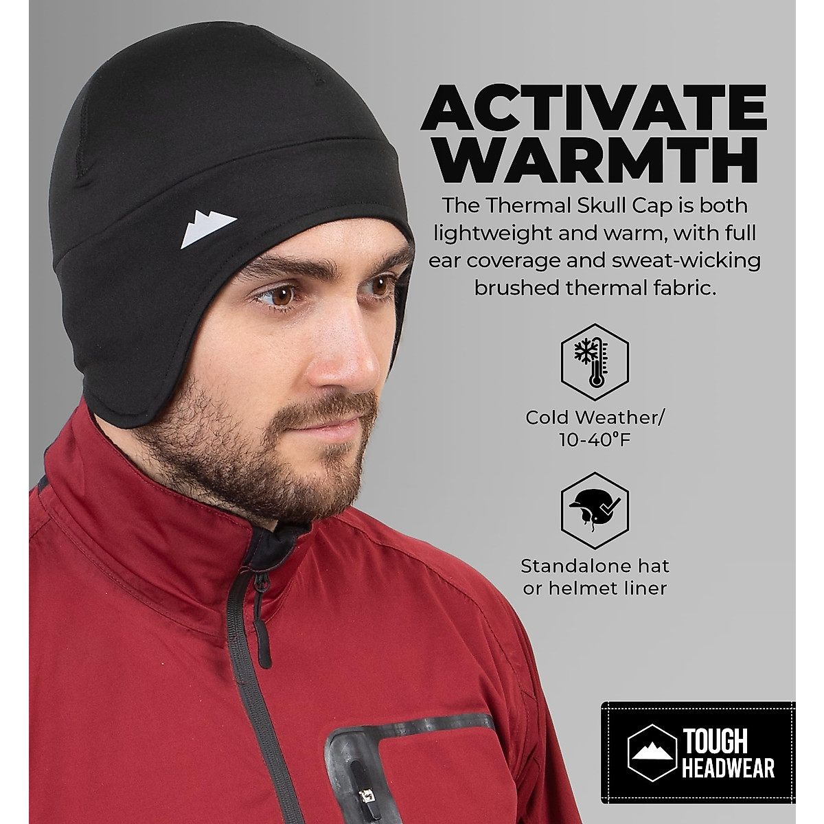 Tough Headwear Thermal Helmet Liner Skull Cap, Hard Hat Liner, Mens Beanie, Winter Cycling Cap & Running Gear, Ski Hat Black