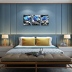 Bedroom Wall Art For Living Room Bathroom Wall Decor For Kitchen Family Pictures Artwork Black And White Blue Rose Flowers Canvas Paintings 12" X 16" 3 Pieces Framed Modern Office Home Decorations