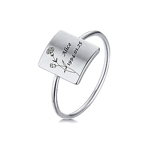 LONAGO Birth Flower Ring Personalized Name Ring Custom Name Stacking Ring Engrave Names Initial Ring for Women