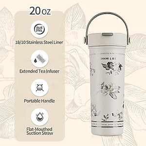 GOOM Graffiti 20oz Tumbler with Lid and Straw,Spill Proof Tumbler with Flip Straw and Top Handle,Tea Infuser,6-Layer Insulation 18/10 Stainless Steel,Cold for 24 Hours,Hot for 12 Hours - Floral White
