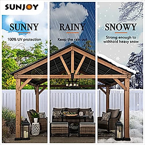 Sunjoy Wood Gazebo 13 x 15 ft. Outdoor Patio Premium Cedar Frame Gazebos with Brown Steel Gable Hardtop Roof for Garden, Backyard Shade, Brown Roof + Natural Wood Frame