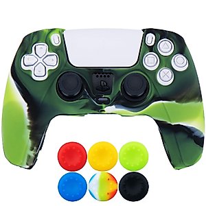 9CDeer 1 Piece of Silicone Protective Cover Skin + 6 Thumb Grips for Playstation 5 / PS5 Controller Camouflage Green