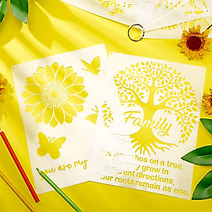 6 Pieces Sunflower Stencil Kit, Reusable Family Tree Stencil Flower Butterfly Painting Templates You are My Sunshine Stencil with Metal Open Ring for Painting on Wood Wall Decor