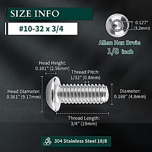 #10-32 x 3/4" (50 PCS) Button Head Socket Cap Bolts Screws, 304 Stainless Steel 18-8, Allen Hex Drive, Full Thread