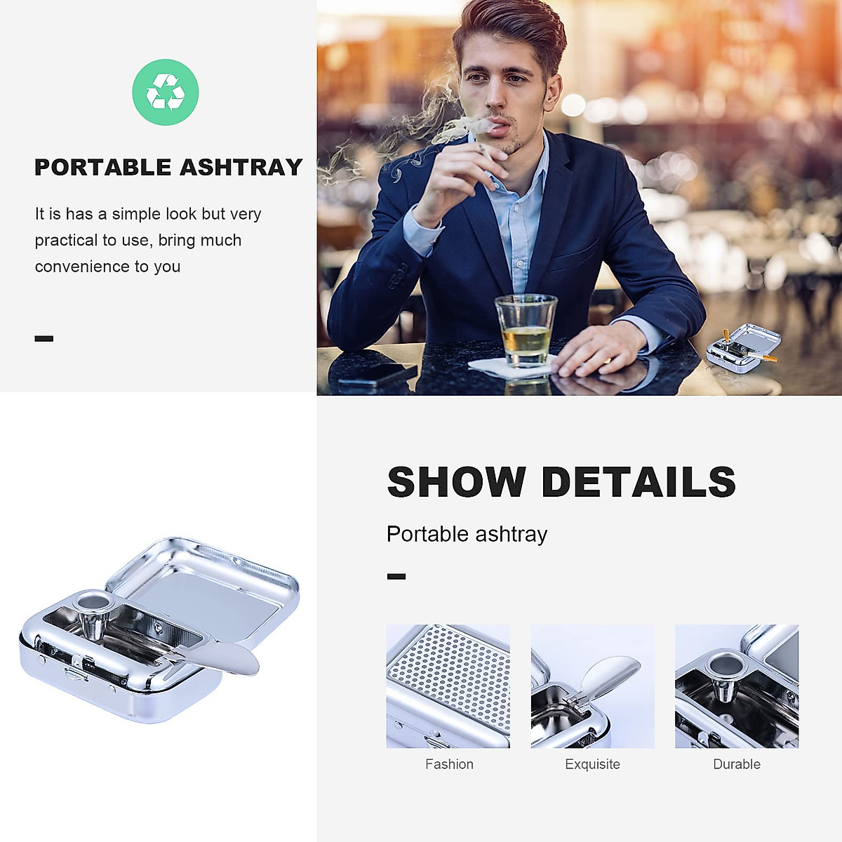 GARNECK Mini Compact Stainless Steel Portable Ashtray, Car Supplies White Patch Ashtray with Lid