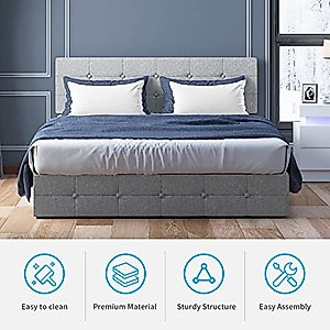 BALUS King Size Platform Bed Frame, Upholstered and Button Tufted Headboard Square Stitched, 4 Storage Drawers, Headboard Adjustable, No Box Spring Needed- Light Grey