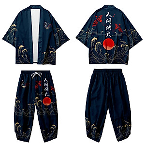 DOSLAVIDA Men's Japanese Kimono Jacket Set Stylish Open Front Coat With Shorts Chinese Style Printed Cardigan Suits