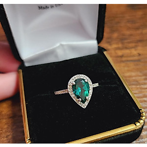 Galaxy Gold GG Stunning 1.69 Carat Total Weight 14K Solid White Gold Emerald and Natural Diamond Halo Ring Brilliant Pear Cut Tear Drop Shape Round Diamonds (6)