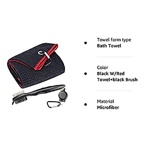 Mile High Life Microfiber Waffle Pattern Tri-fold Golf Towel | Brush Tool Kit with Club Groove Cleaner, Retractable Extension Cord and Clip (Black w/red Towel+Black Brush)
