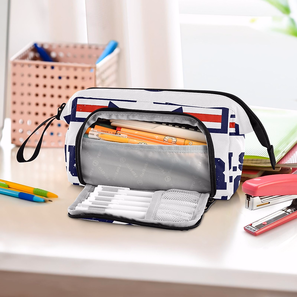 Yasala 4th of July Pencil Case Us Air Force Star Pen Pouch Holder Art Kits Storage Bag Cosmetic Organizer Carrying Case for Office Supplies Large Stationary Bag with Handle