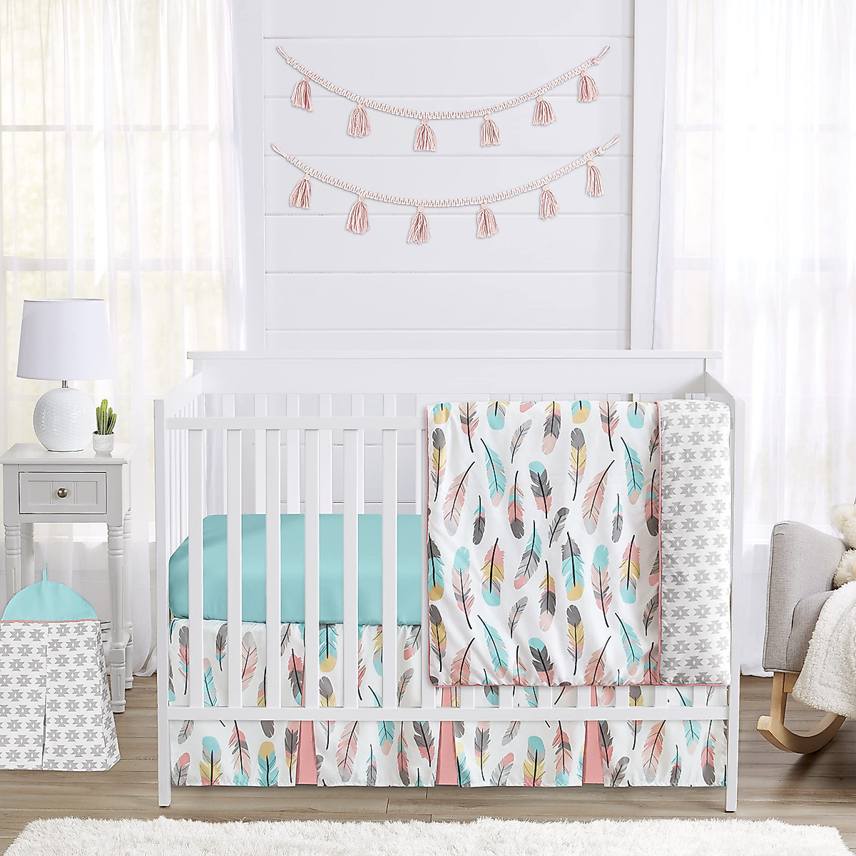 Sweet Jojo Designs Turquoise and Coral Boho Wall Art Prints Room Decor for Baby, Nursery, and Kids for Feather Collection - Set of 4 - Explore & Dream, Wild & Free