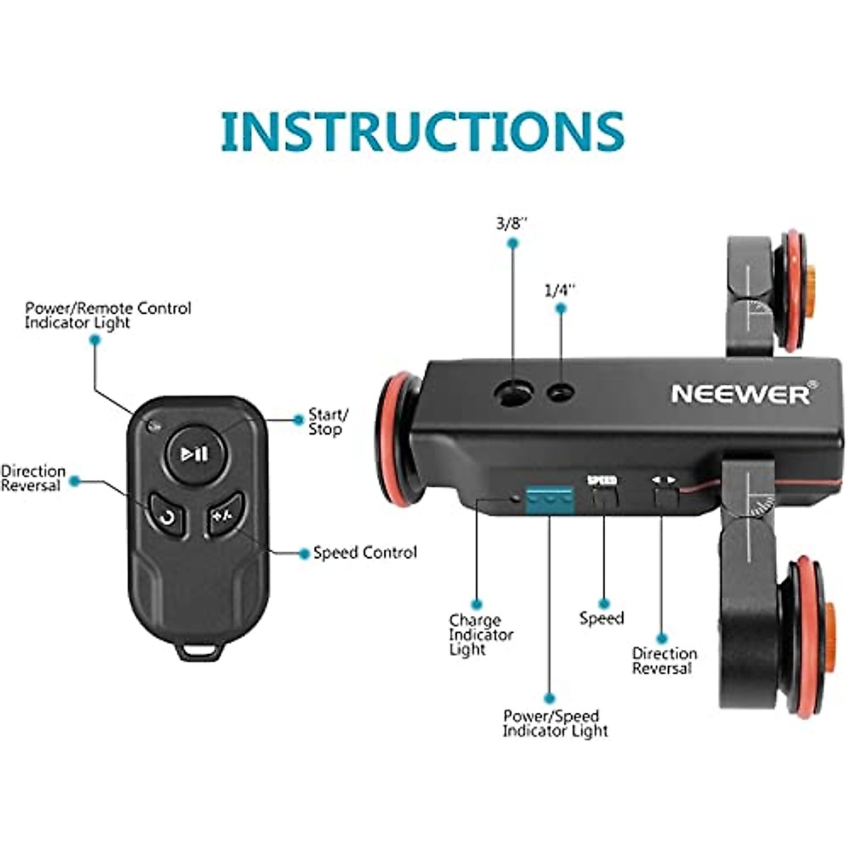 Neewer 3-Wheels Wireless Video Camera Dolly, 3-Speed Motorized Electric Track Rail Slider Dolly Car with Remote Control, Compatible with DSLR Camera, Camcorder, Gopro, iPhone, and Android Smartphone