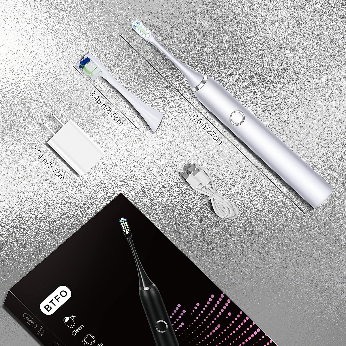 BTFO Sonic Electric Toothbrush with 5 Modes, 2pcs Replacement Brush Heads USB Rechargeable Smart Electronic Toothbrush with Holder for Adults IPX7 Waterproof Smart Timing Fast Charging (White)