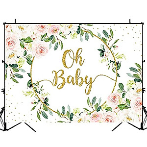Avezano Oh Baby Shower Backdrop Pink Flower Baby Shower Gold Dots Background Girls Blush Floral Baby Shower Party Decorations Photo Shoot Props (7x5)