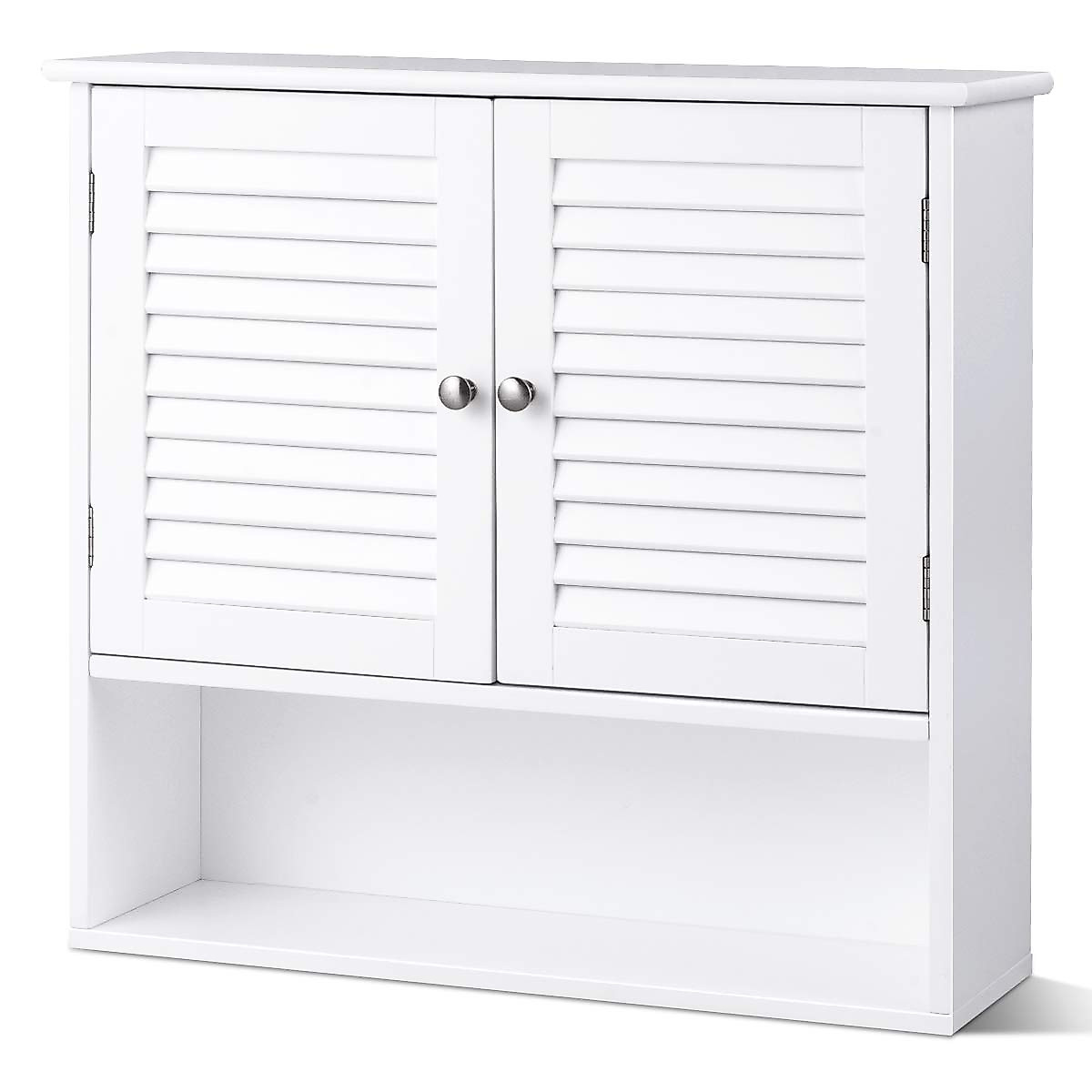 Tangkula Bathroom Wall Cabinet, Wooden Hanging Medicine Cabinet with Double Shutter Doors and Adjustable Shelf, Wall Mounted Bathroom Cabinet with Open Shelf, 26 x 8.5 x 25 Inches, White