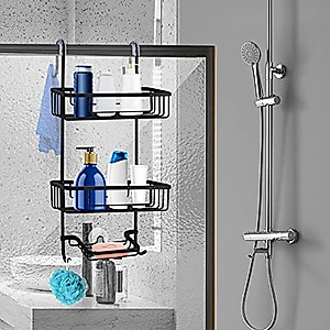 Duwee Over The Door Shower Caddy, NeverRust Aluminum Over the Shower Door Caddy, Hanging Shower Caddy for Shampoo Conditioner, 3 Tier Bathroom Shelf Organizer with Hooks for Razors Towels(Black)