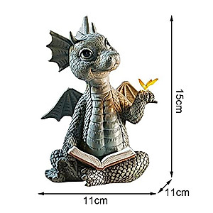 Dragon Reading Book Statue Dinosaur Holding Butterfly Figurines Art Resin Sculpture Outdoor Garden Decor Home Desk Ornament