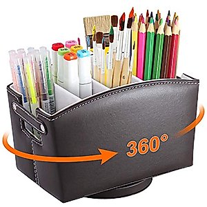 Leather Art Supply Desk Organizer, Rotating Pencil Holder Organizer, Desktop Storage Caddy for Pen, Colored Pencil, Crayon, Paint Brushes, 360 Degree Spinning Works for Classroom, Art Studio, Office
