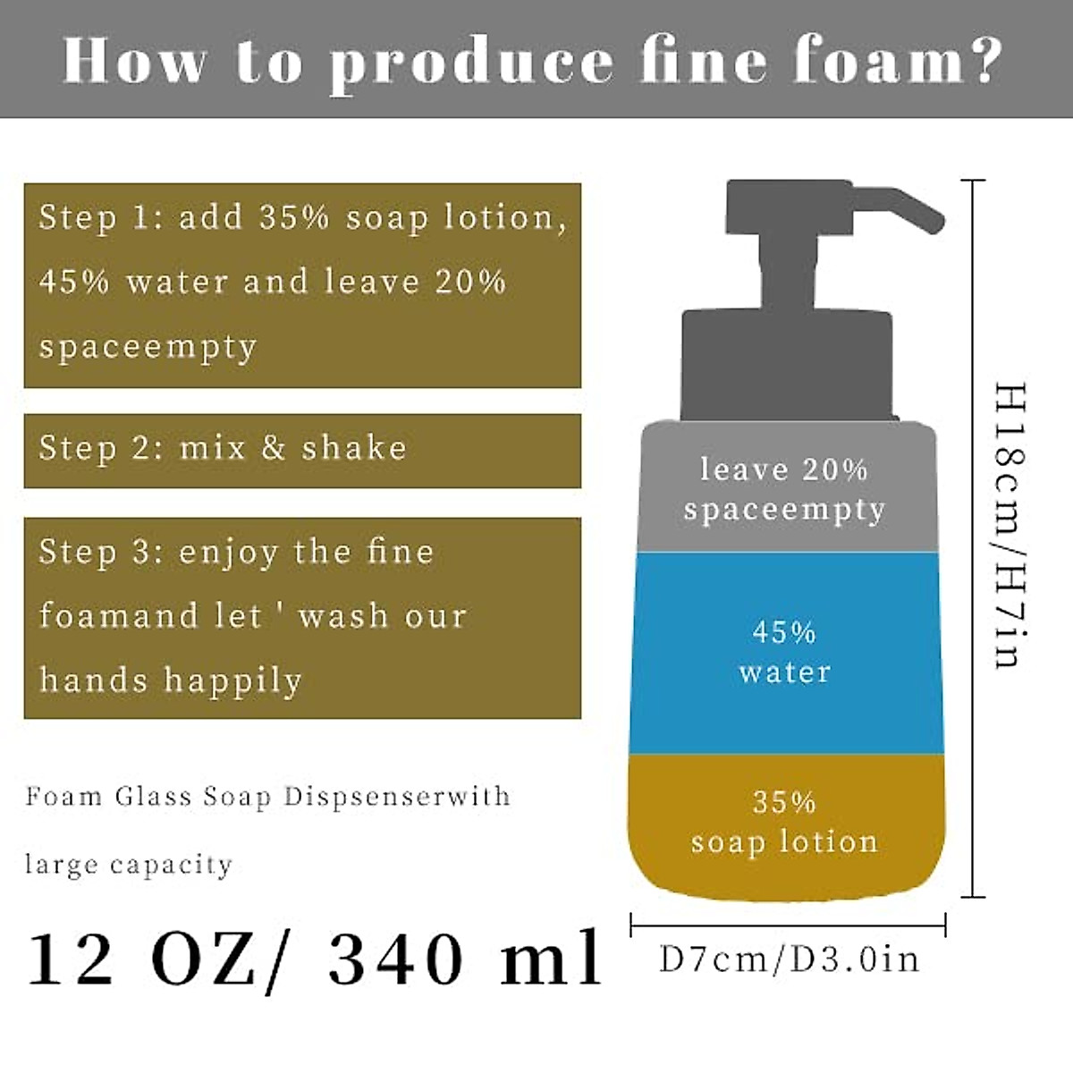 Easy Tang Glass Foaming Soap Dispenser with Black Pump, 12 OZ Vintage-Inspired Modern Glass Refillable Bottle for Bathroom Vanity Countertop and Kitchen