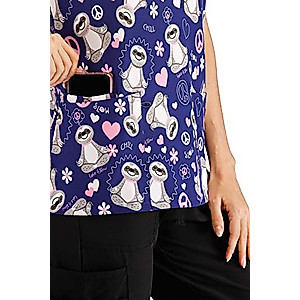 Minty Mint Women's Stretch Printed V-Neck Medical Scrub Top Navy Pink S