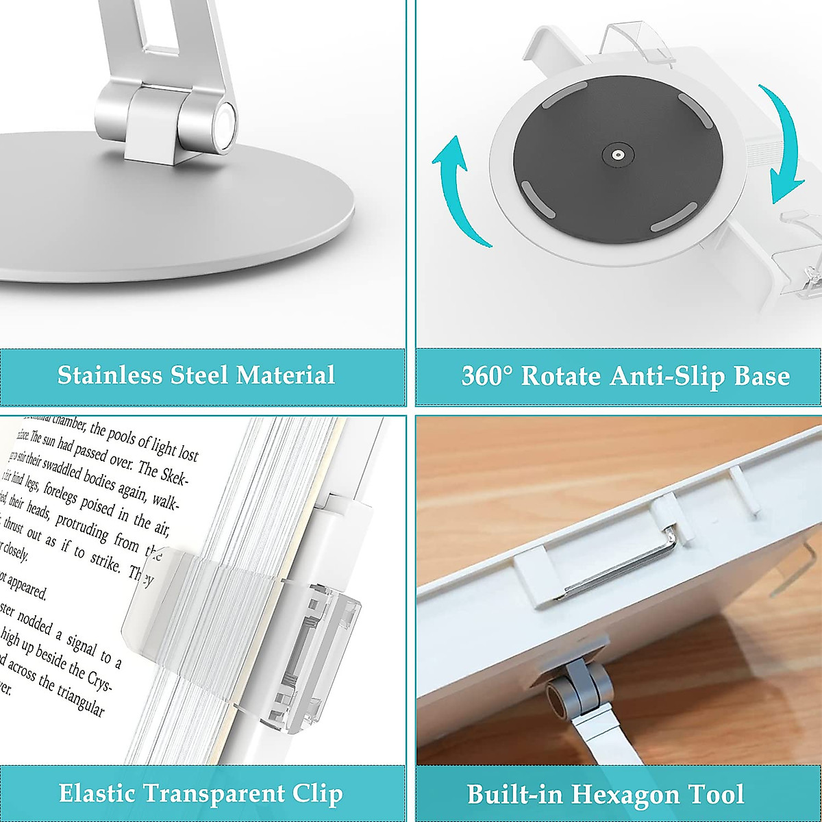 Gearking Book Stand for Reading 360° Rotate Adjustable Book Holder Multi Heights Angles Adjustable Cooking Bookstands for Child Textbook/Recipe/Magazine/Ipad