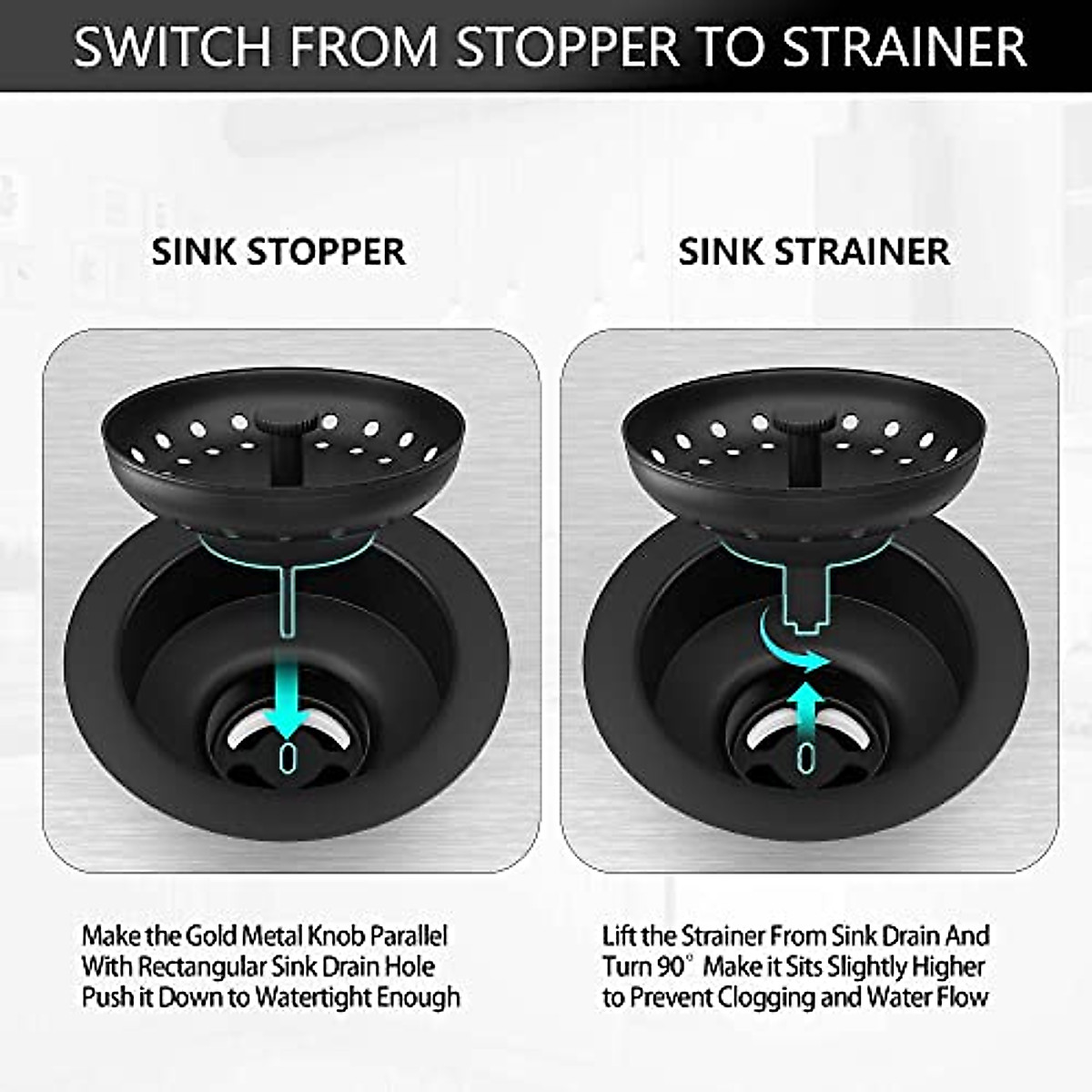 EXAKEY Black Sink Drain 3-1/2 Inch Matte Black Kitchen Sink Drain Strainer Assembly Kit with Strainer Basket and Drain Stopper for Standard Kitchen Sink Stainless Steel