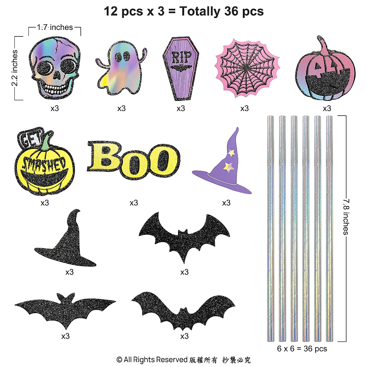 Cheerland Halloween Paper Straws Iridescent Pastel Disposable Straws Cocktail Hot Cold Beverages with Cartoon Decoration For Halloween Party Supplies - Pack of 36